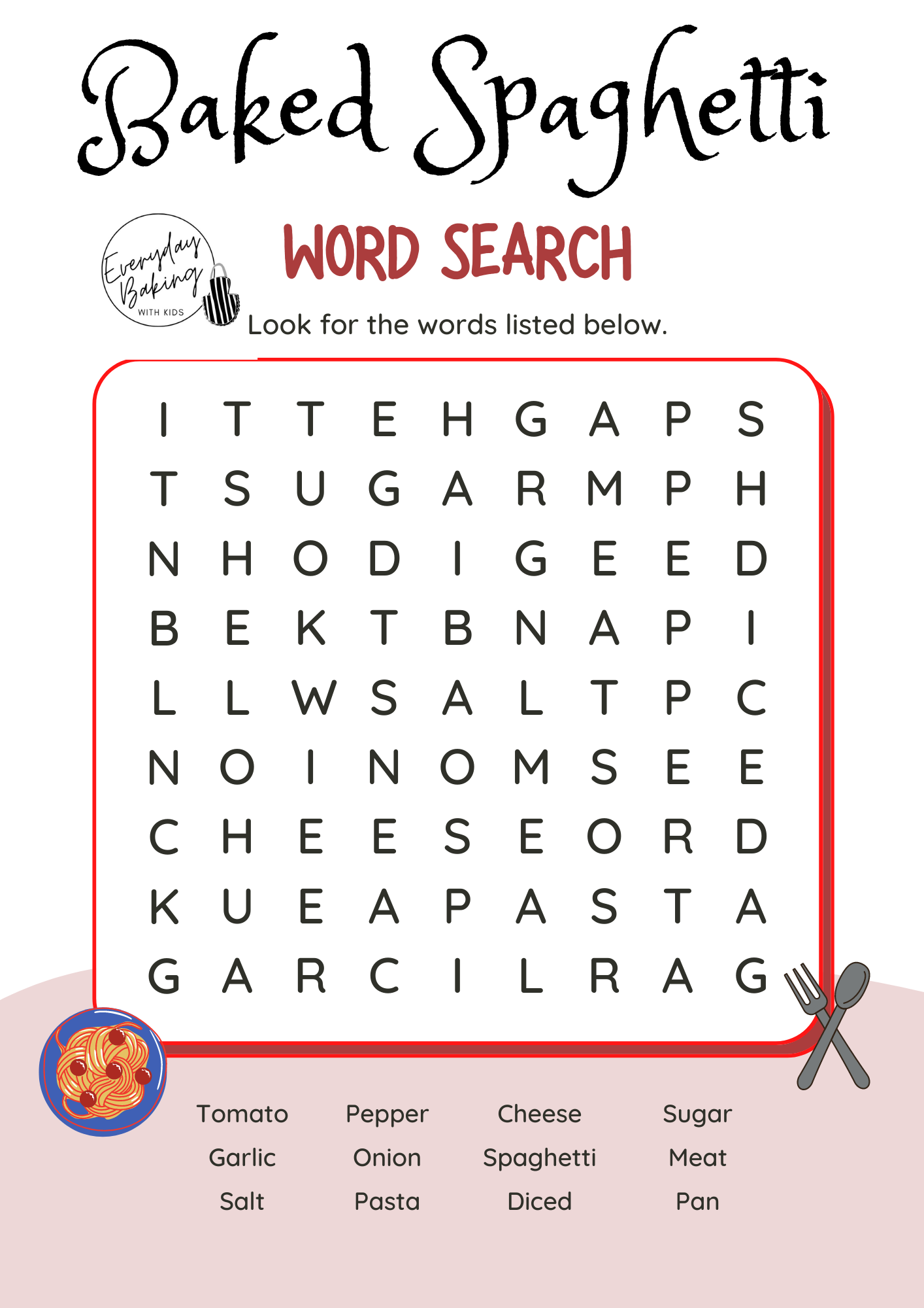 Spaghetti Word Search {FREE Printable} – Everyday Baking with Kids